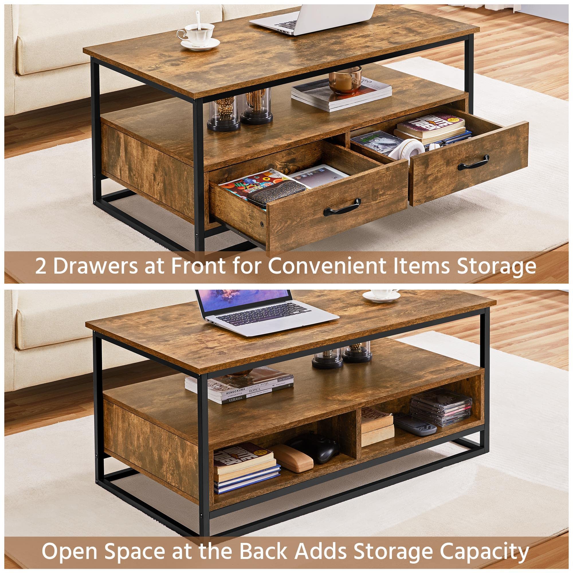 Yaheetech 3PCS Living Room Table Suite, Vintage Coffee Table with 2 Storage Drawers and Open Shelves + Pair of 3 Tier Sofa Side Tables with Storage Shelves, Rustic Brown