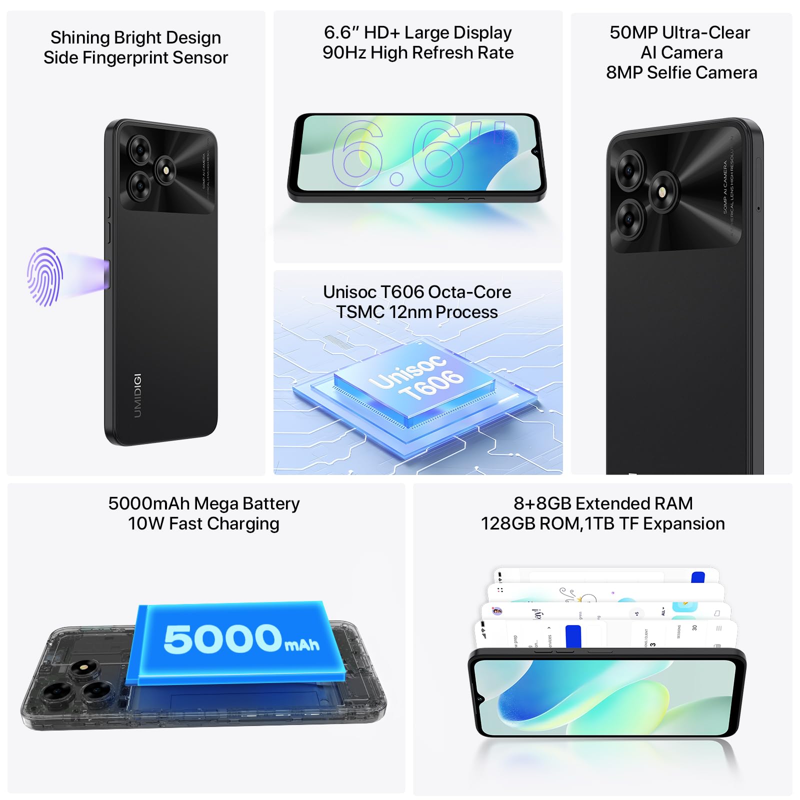UMIDIGI Unlocked Cell Phone, G5 Unisoc T606 8+8GB +128GB Android 13 Smartphone Unlocked with 6.6" Full Screen, 50MP+2MP+8MP AI Triple Camera, 5000mAh Battery Fast Charging Mobile Phones,Black