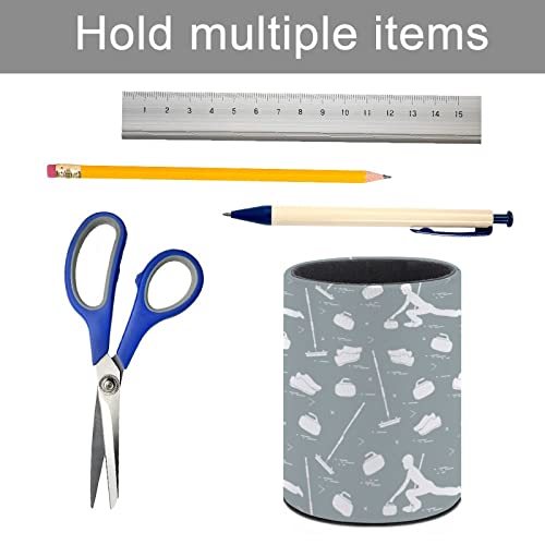 Winter Curling Sports Athlete Pen Holder PU Leather Pencil Cup Cute Desk Organizer Makeup Brush Box for Home Office