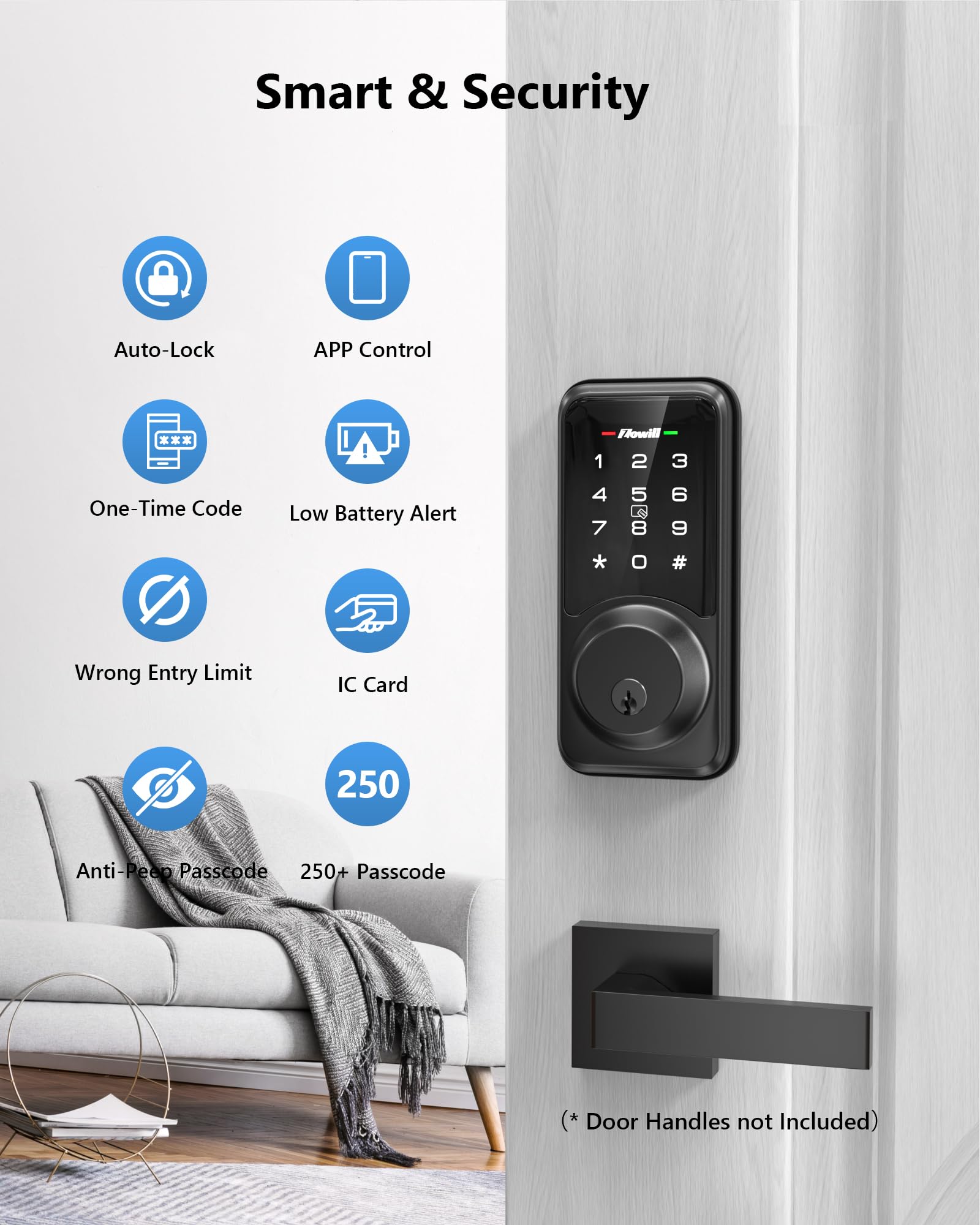 Zowill Smart Lock - Keyless Entry Door Lock with APP Control, Touchscreen Keypad Electronic Digital Lock, Auto-Lock, Easy Installation, Smart Deadbolt Lock for Front Door - Matte Black