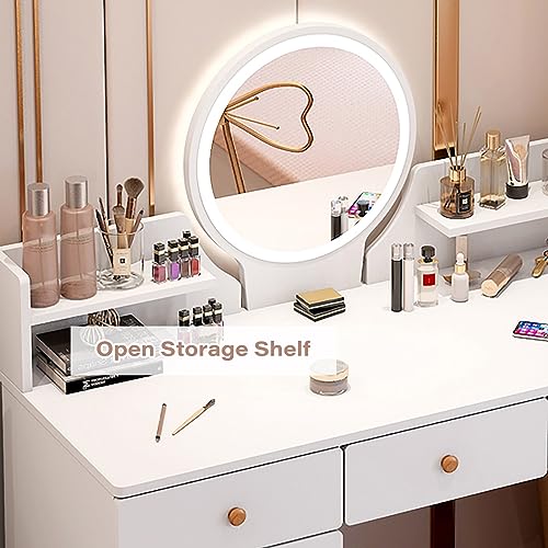 Vanity with Lights and Mirror Desk and Chair, 3 Light Settings & Adjustable Brightness, Modern Makeup Vanity Desk Set with 6 Drawers, Open Storage Shelves, Dressing Table for Bedroom ( Color : Gray ,