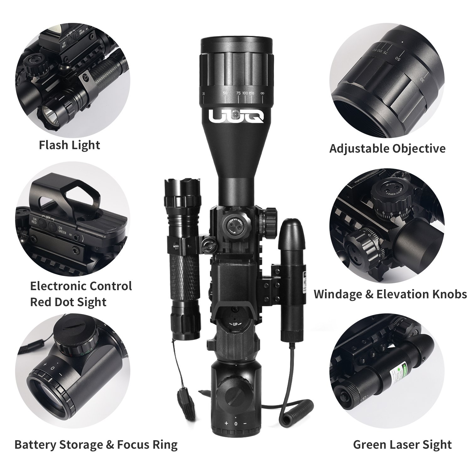 UUQ 4-12X50 AO Rifle Scope Red/Green Illuminated Range Finder Reticle W/Green Laser - Holographic Reflex Red Dot Sight - 5 Brightness Modes Flashlight (4-12X50 AO)