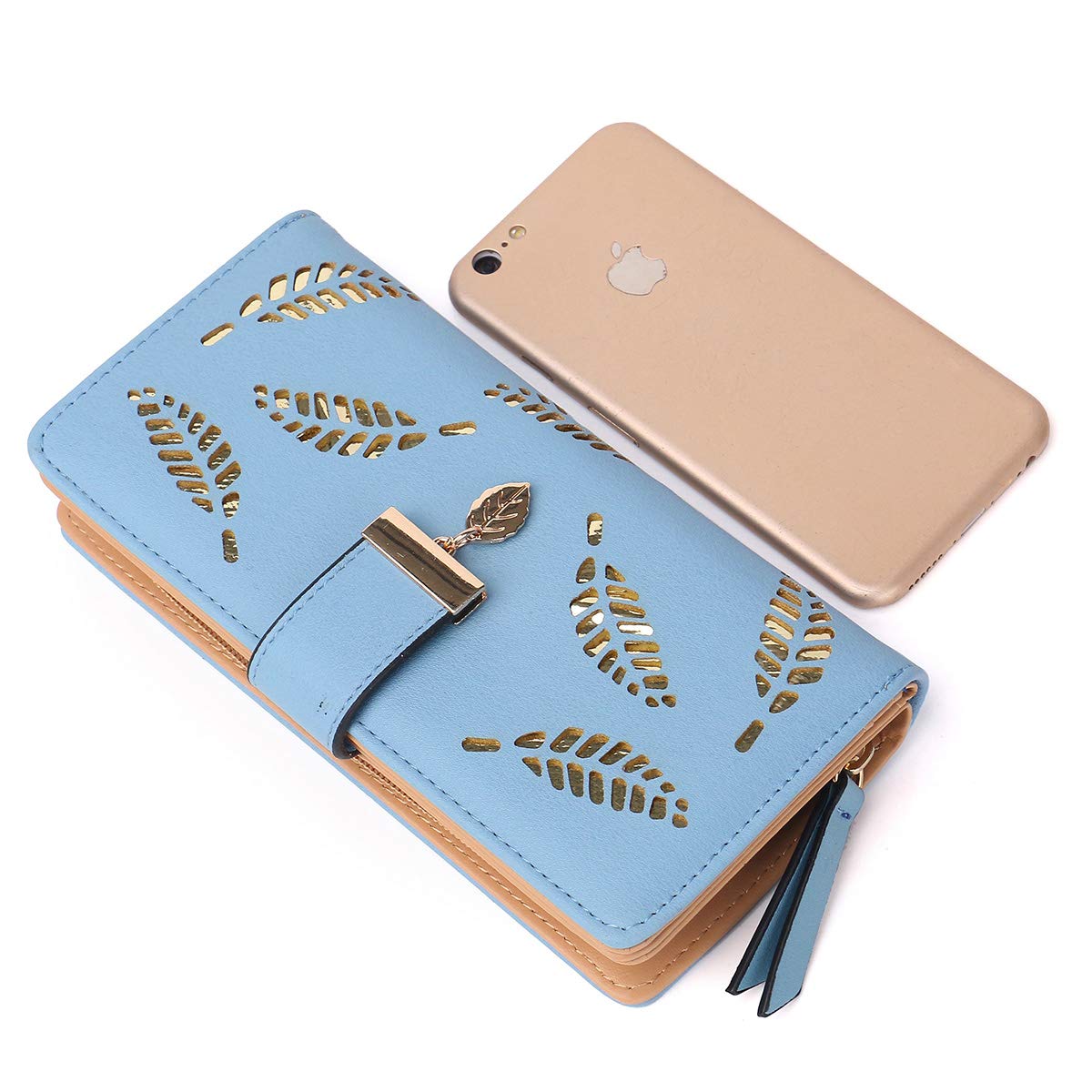 Women's Long short Leather Money Clip Card Case Holder Purse Zipper Buckle Elegant Clutch Wallet(pair) (Blue Large)