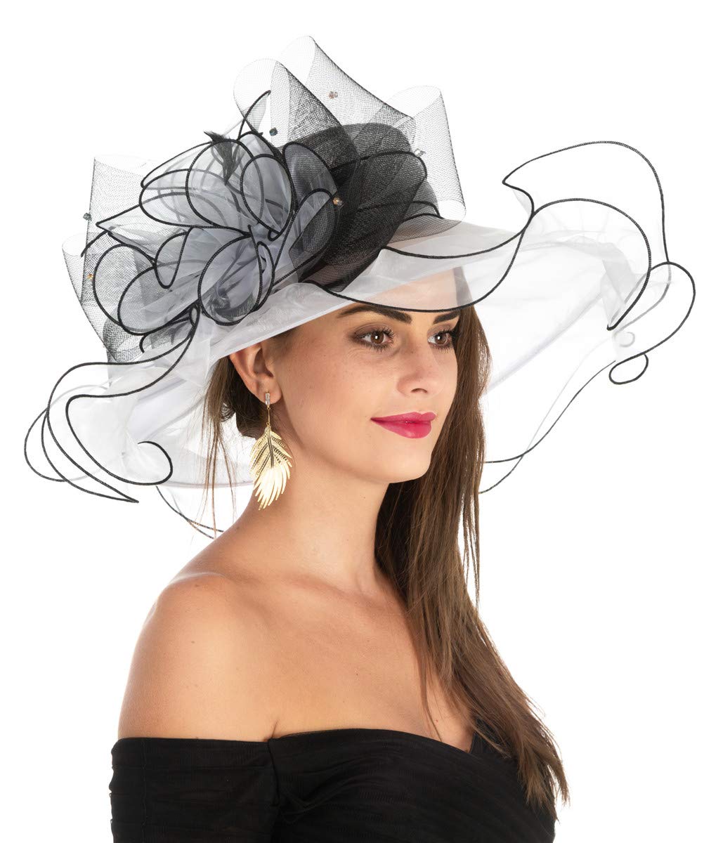 Women's Organza Church Kentucky Derby British Fascinator Bridal Tea Party Wedding Hat Summer Ruffles Cap(HL-White Black Line)