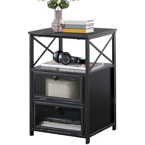 VECELO Nightstand, End Table with Flip Drawer, Modern Night Stand for Bedroom Living Room, Office, Easy Assembly, Set of 1, Black