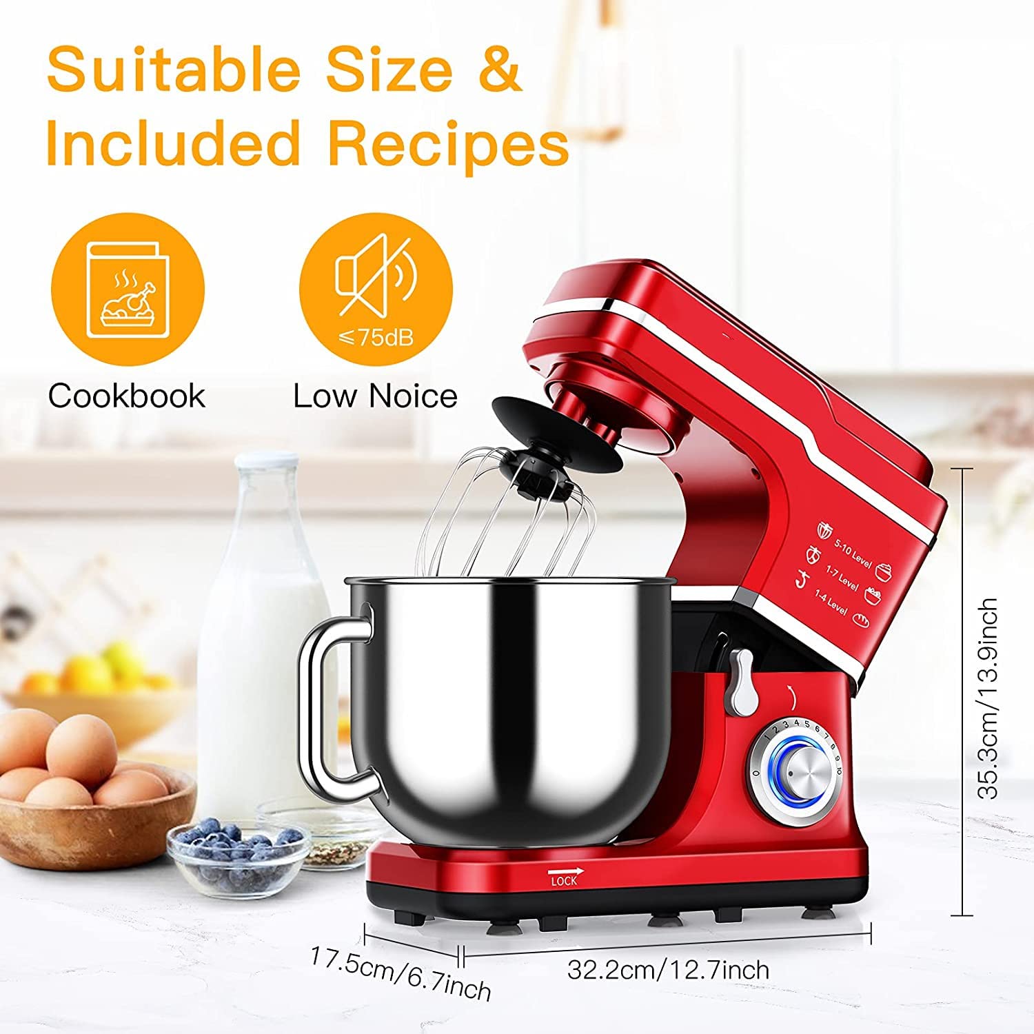 Tilt-head Stand Mixer,7.5QT 660w 10*Speed Electric Kitchen Mixer with Whisk,Dough Hook,Flat Beater,Splash-proof Cover dishwasher Safe for Baking, Cake, Cookie, Kneading U.S. regulations RED