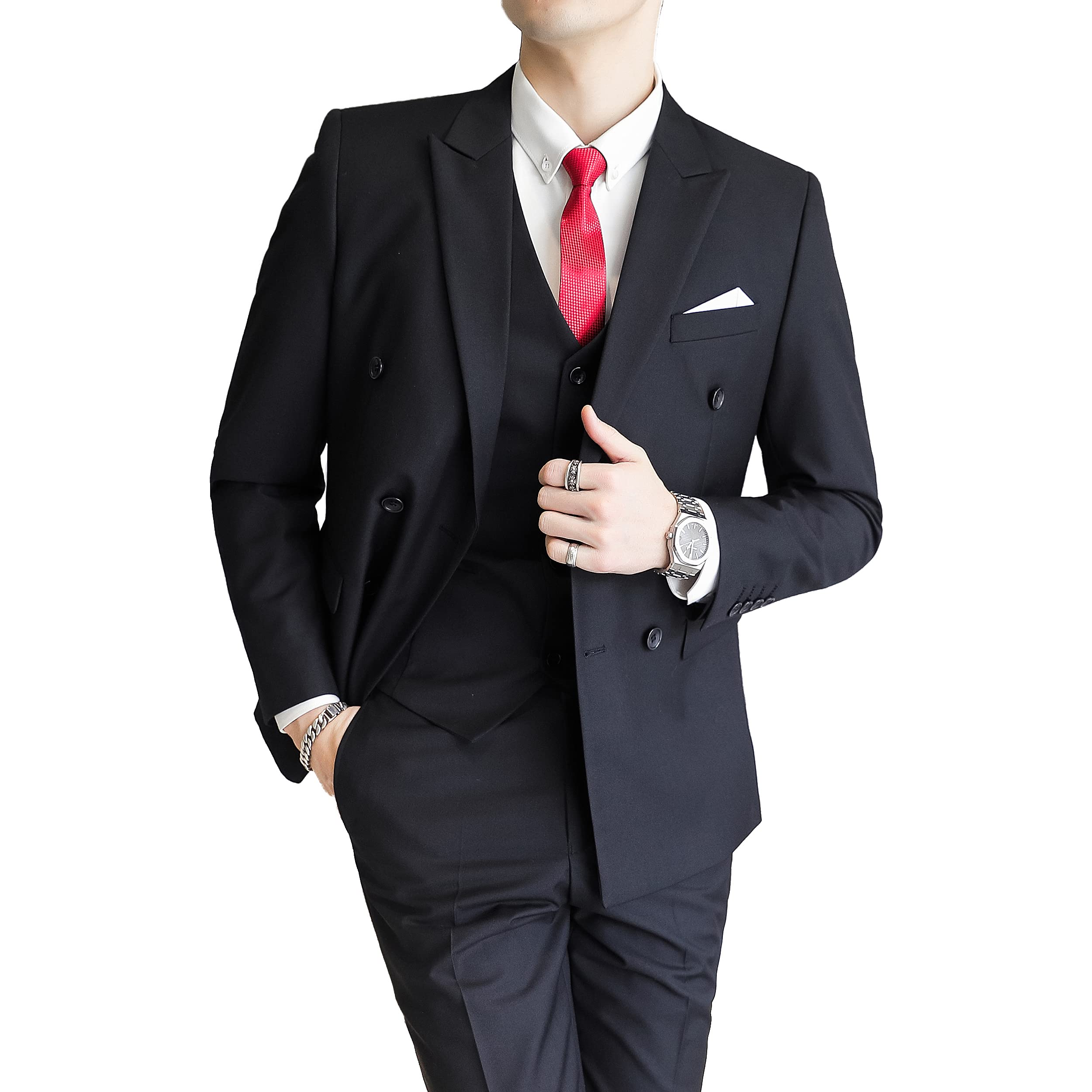 UNINUKOO Mens Suits 2 Piece Double Breasted Tuxedo Suit Slim Fit Wedding Party Dress Formal Suits for Men US Size 36 Black
