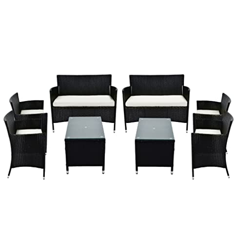 YÁSEZ 8 PCS Patio Furniture Outdoor Garden Conversation Wicker Sofa Set, Beige Cushions +Black Wicker