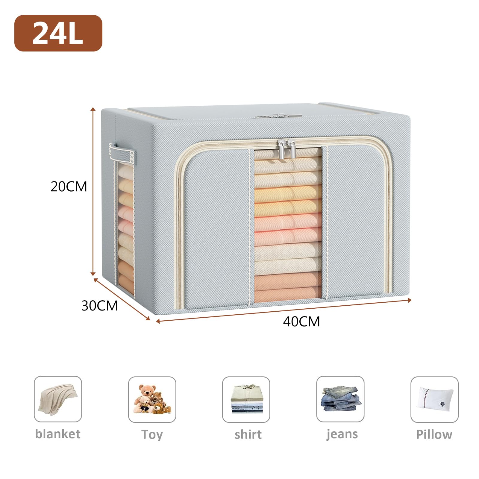 VAN CADENE 24L Clothes Storage Bins Metal Frame Clothes Storage Organizer Bedding Storage Bags with Zipper and Clear Windows, Closet Storage Bins for Organizing(15.7L×11.8W×7.8H - 3 Pack)