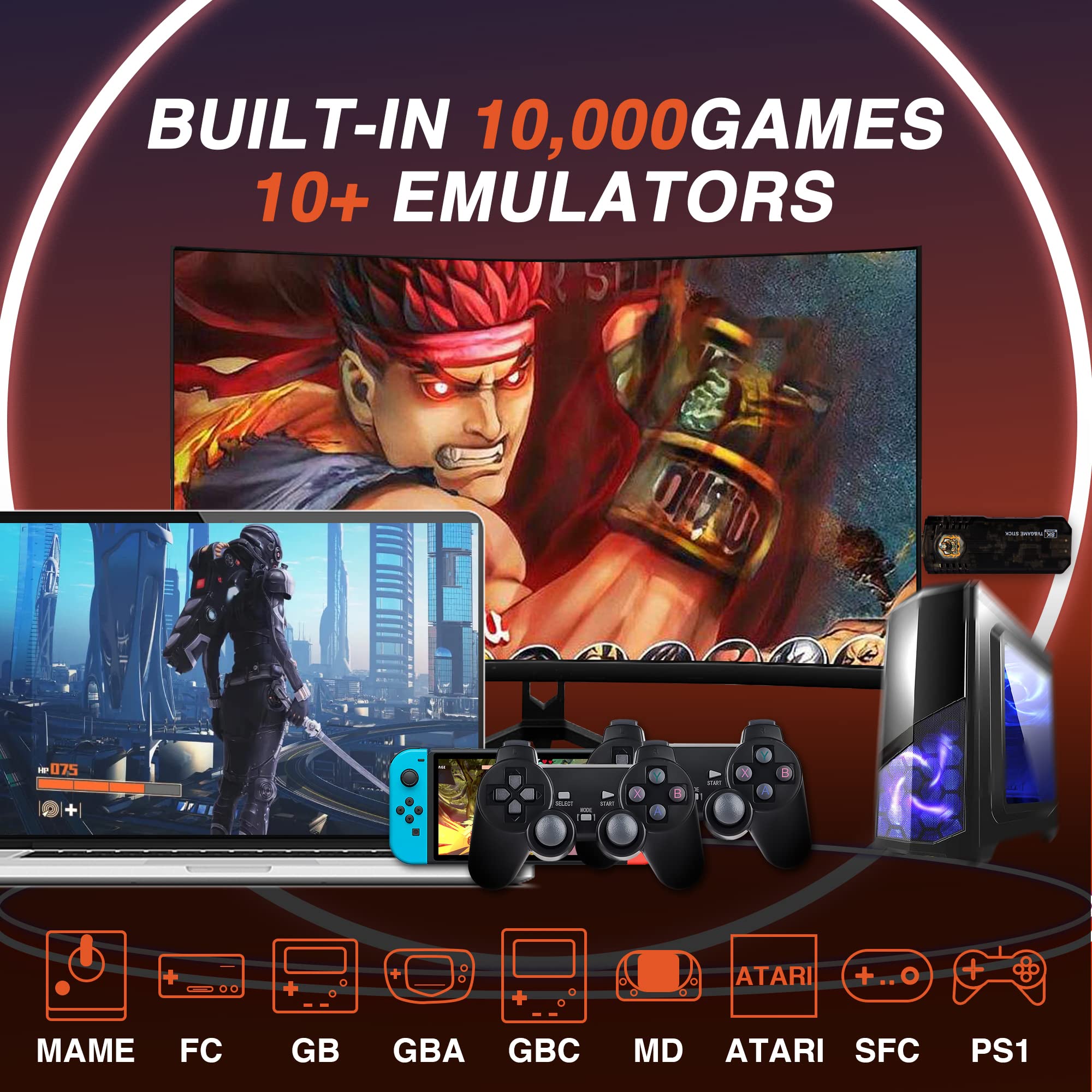 Wireless Retro Game Console, 8K 10000+ Games Built-in, Plug and Play Video Games for TV, 10+ Classic Emulators, 64G, 2.4GHz Wireless