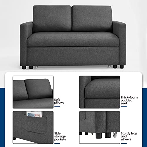 Yaheetech Convertible Sofa Bed Trundle Loveseat w/Pull-Out Trundle Bed Sleeper Sofa Convertible Couch for Limited Spaces Living Room Bedroom Guest Room Dark Gray 55.5 in