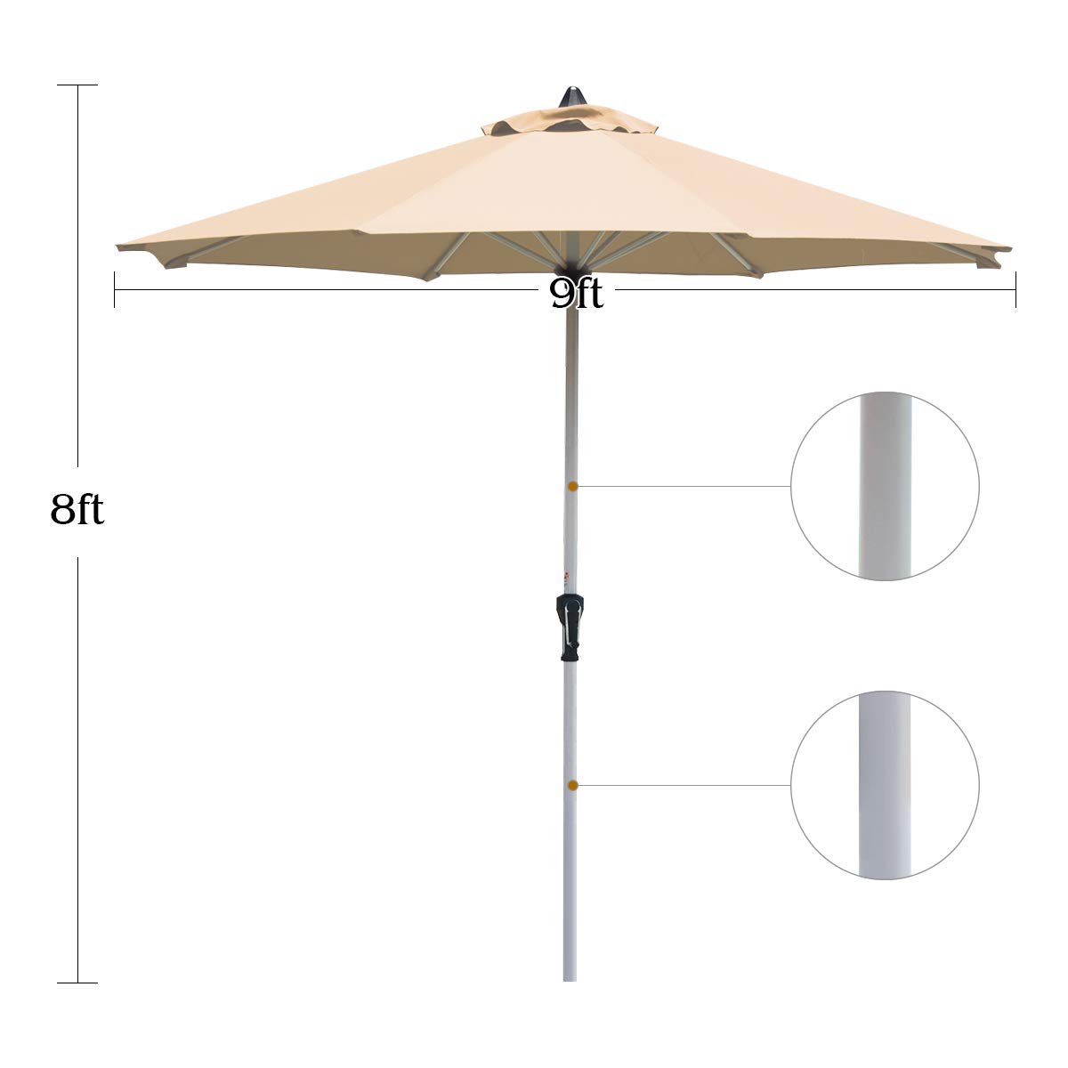 Tangkula 9 ft Patio Umbrella, Outdoor Market Table Umbrella with 1.5β Aluminum Pole, 8 Sturdy Ribs & Crank for Garden, Lawn, Deck, Backyard & Poolside (Beige)
