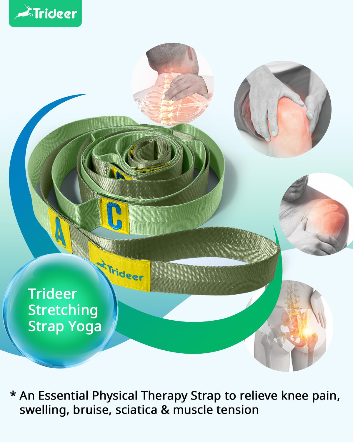 Trideer Stretching Strap with 10 Loops & Non-Elastic Yoga Strap for Stretching&Hamstring & Leg Stretch Strap for Physical Therapy, Flexibility- [Designed with Letters & Inspirational Remarks]