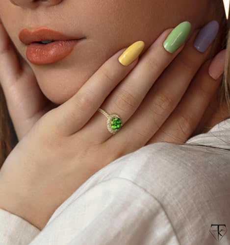 Takar Dainty 14k Yellow Gold Round Cut Genuine Peridot and Diamond Engagement Band Ring (Size 6.75)