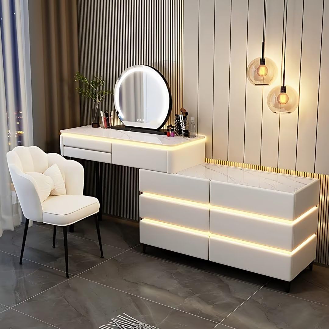 VELLE Vanity, Makeup Vanity with Cabinets and Ambient Light, Vanity Desk Set includes Smart HD Lighted Mirror and Vanity Chairs, Solid Wood Frame Vanity for Bedroom (47", 9 Drawers)