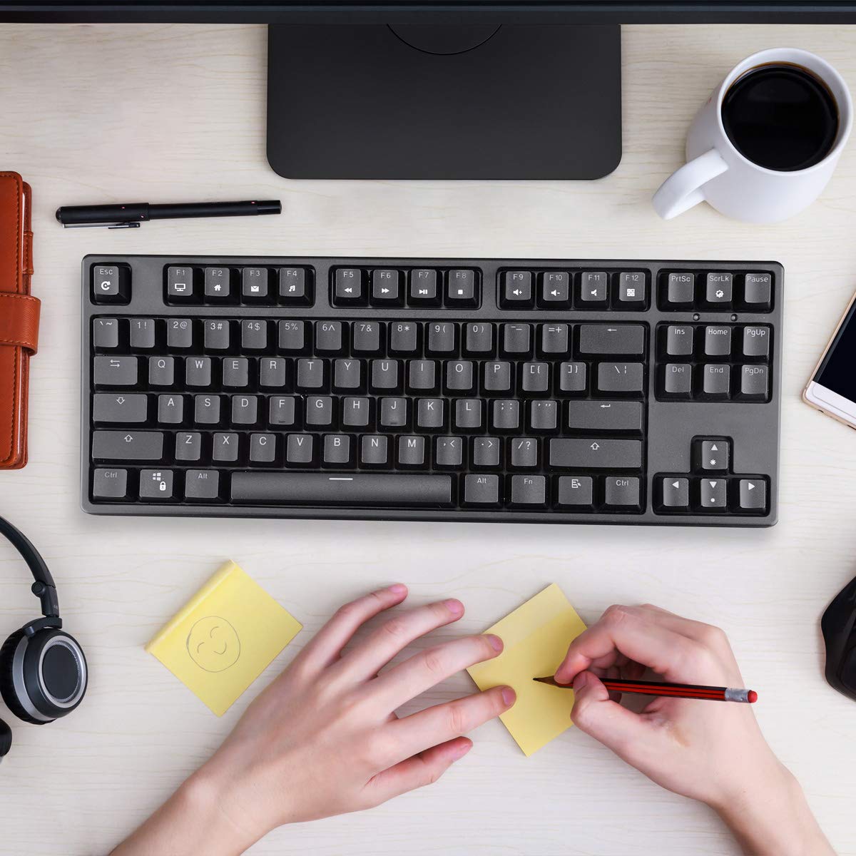 VELOCIFIRE Wireless Mechanical Keyboard, TKL02WS 87 Key Ergonomic with Brown Switches, White LED Backlit for Copywriters, Typists, and Programmers