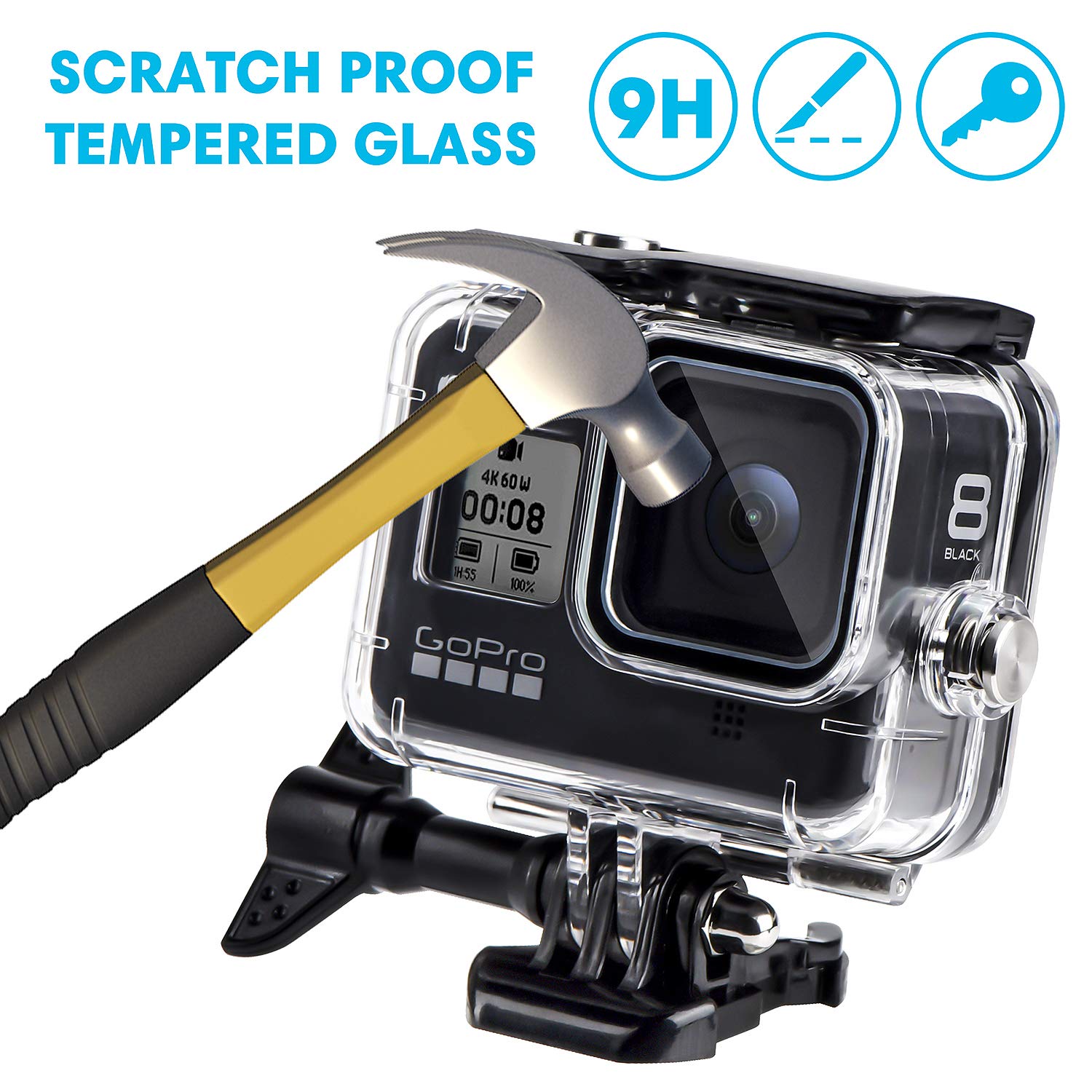 Waterproof Housing Case for Hero 8, 60M Diving Protective Housing Shell for Hero 8 Black Action Camera, Underwater Waterproof Protective Case with Quick Release Mount and Thumbscrew