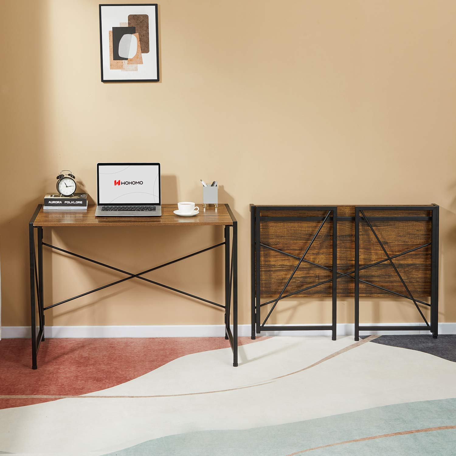 WOHOMO Folding Computer Desk No Assembly Small Desk 39β Study Writing Desk for Small Spaces Foldable Table Walnut