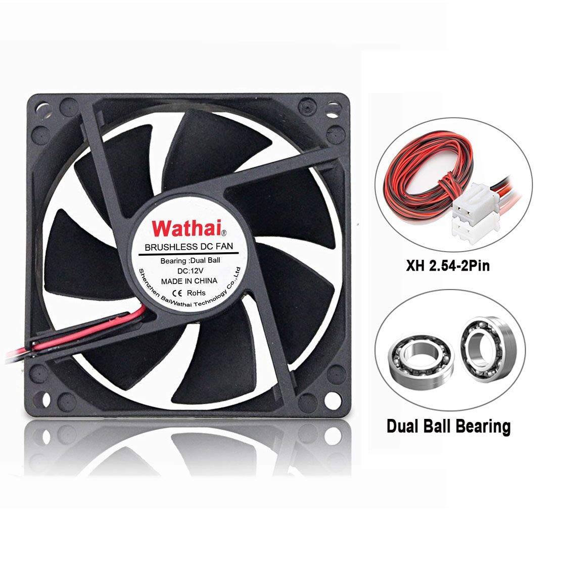 Wathai 80mm x 25mm DC Brushless Case Cooling Fan 12V 0.35A Ball Bearing 4500RPM High Speed
