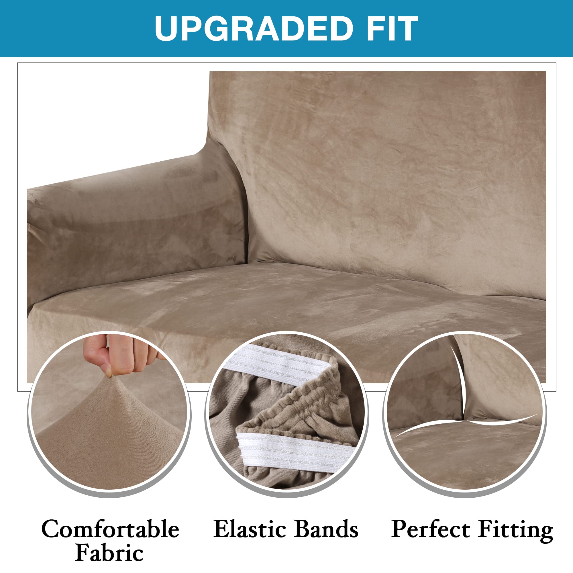 Velvet Stretch Sofa Covers Loveseat Couch Covers for 2 Cushion Couch Loveseat Covers for Living Room, Loveseat Slipcovers Pets Friendly, Thick Soft Washable, Secure with Strap (58"-72, Taupe)