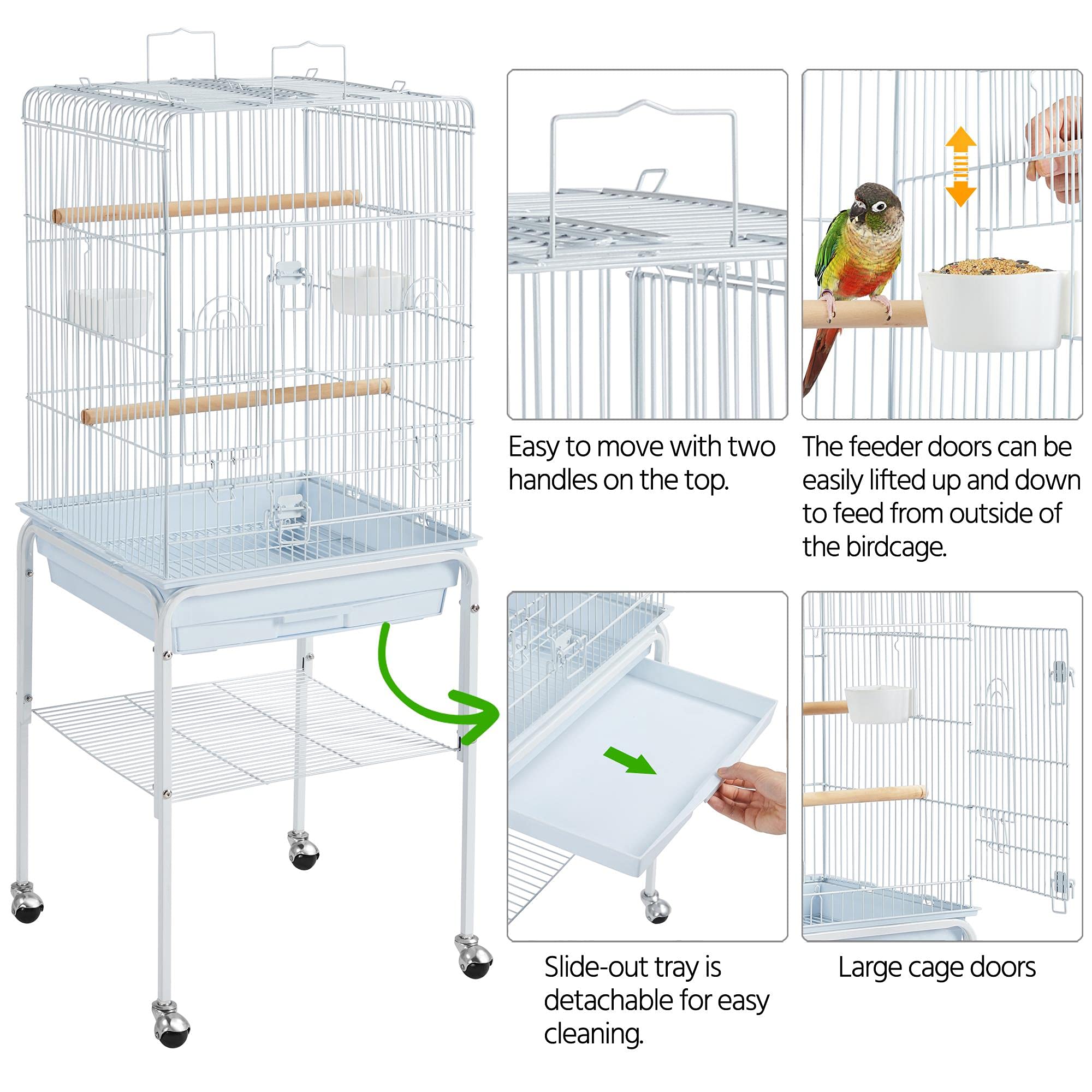 Yaheetech Play Open Top Parrot Bird Cages for Sun Parakeet Cockatiel Green Cheek Conure Lovebird w/Detachable Rolling Stand, White