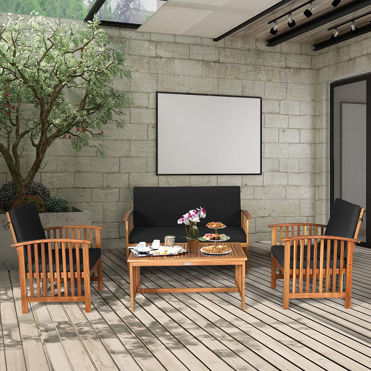 Tangkula Outdoor 4 PCS Acacia Wood Sofa Set w/Water Resistant Cushions, Padded Patio Seating Chat Set w/Coffee Table for Garden, Backyard, Poolside (1, Black)