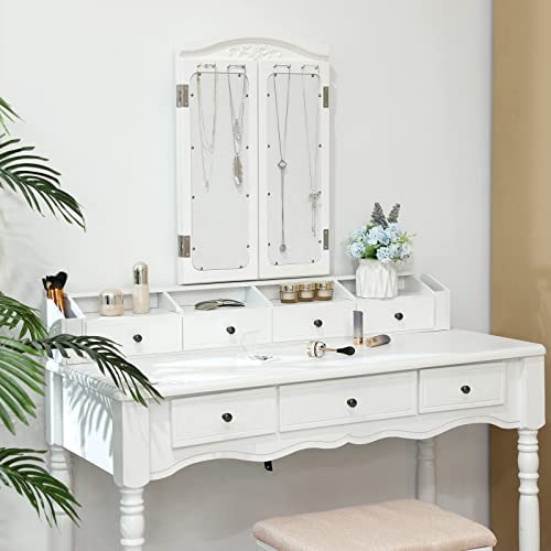 VASAGLE Vanity Set, Tri-Folding Necklace Hooked Mirror, 7 Drawers, 6 Organizers Makeup Dressing Table with Cushioned Stool Easy Assembly, for Women White URDT06M