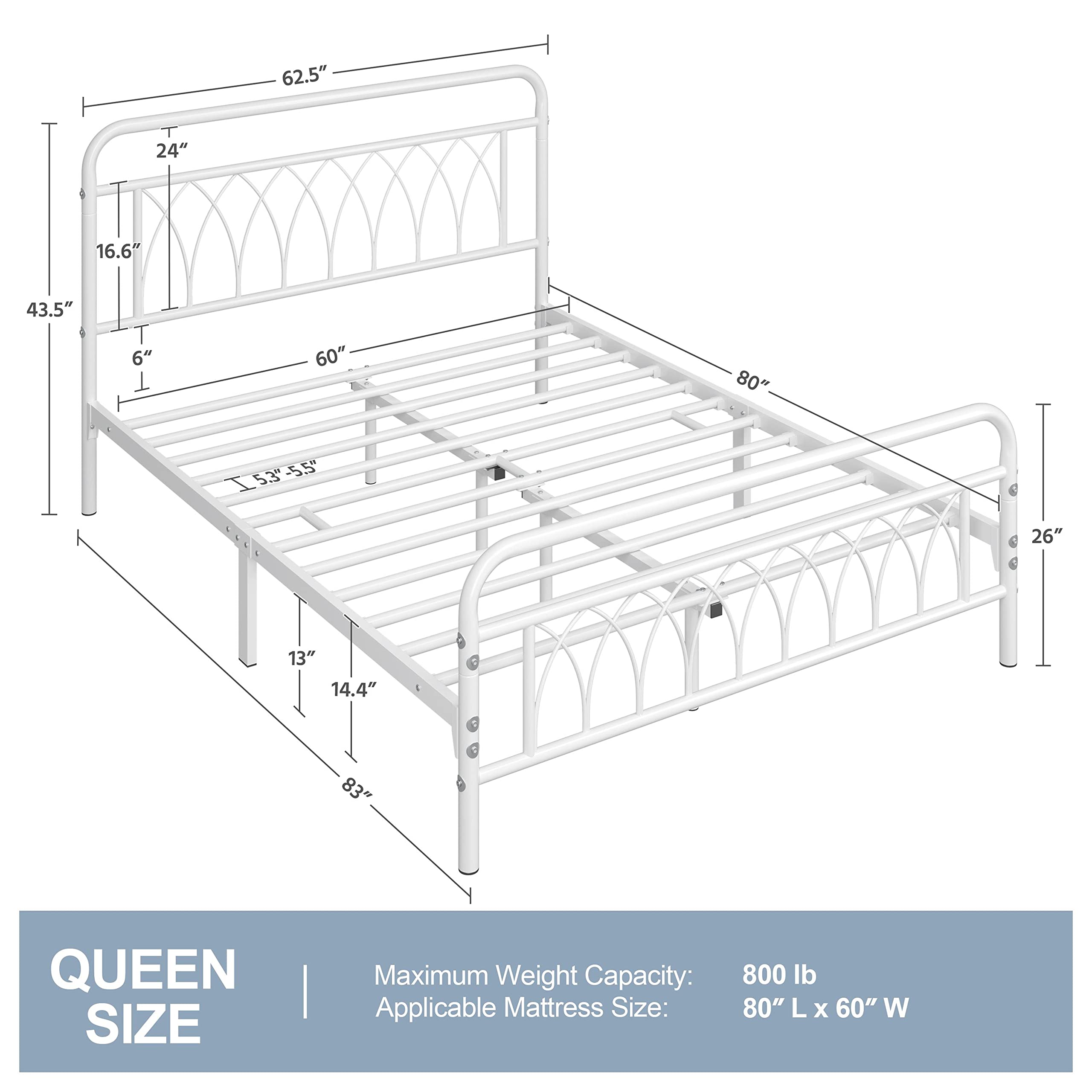 Yaheetech Queen Bed Frame Metal Platform Bed with Petal Accented Headboard/Footboard/14.4 Inch Under Bed Storage/No Box Spring Needed, White