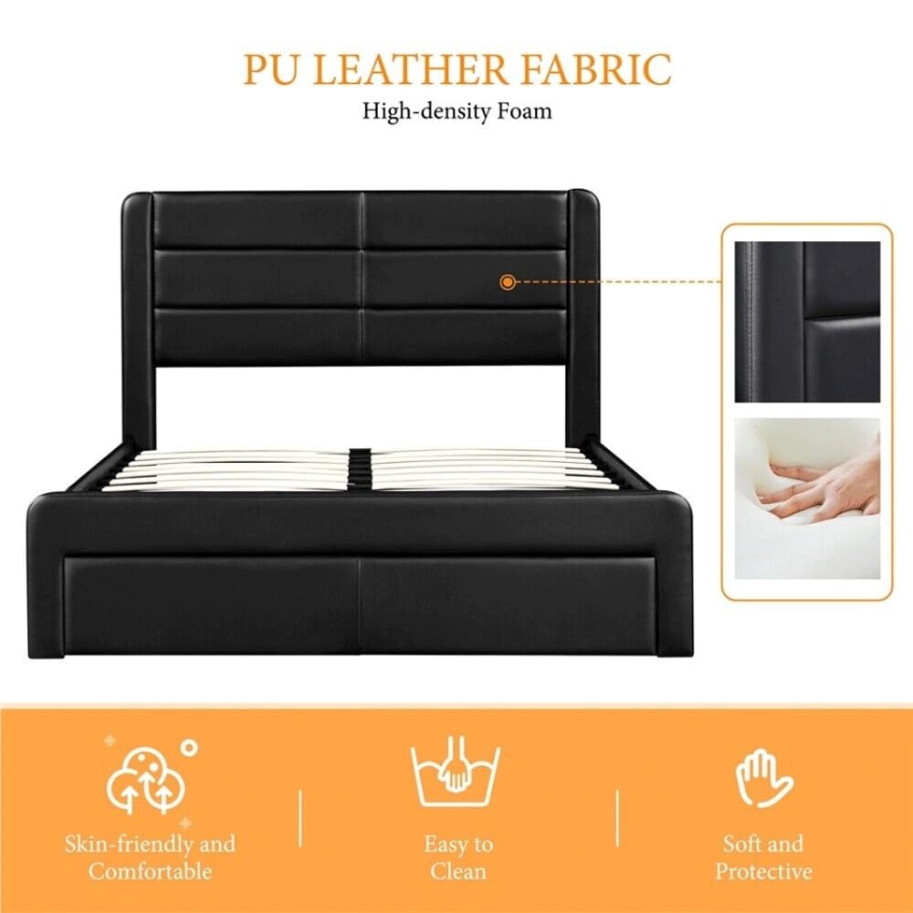 WYKDD Queen Upholstered Bed Frame with 3 Storage Drawers and Built-in USB