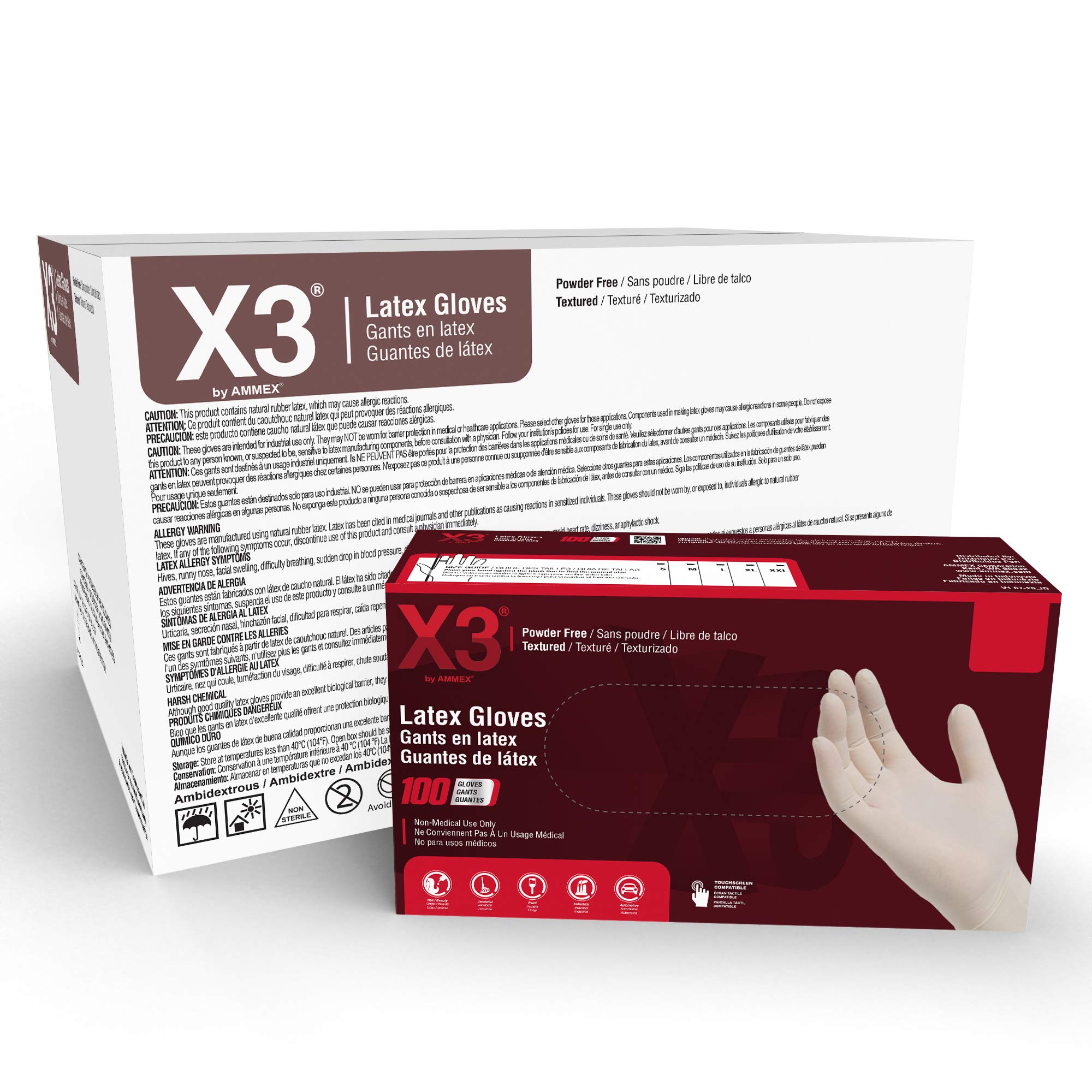 X3 Industrial Ivory Latex Gloves, Case of 1000, 3 Mil, Size Medium, Powder Free, Textured, Disposable, LX344100