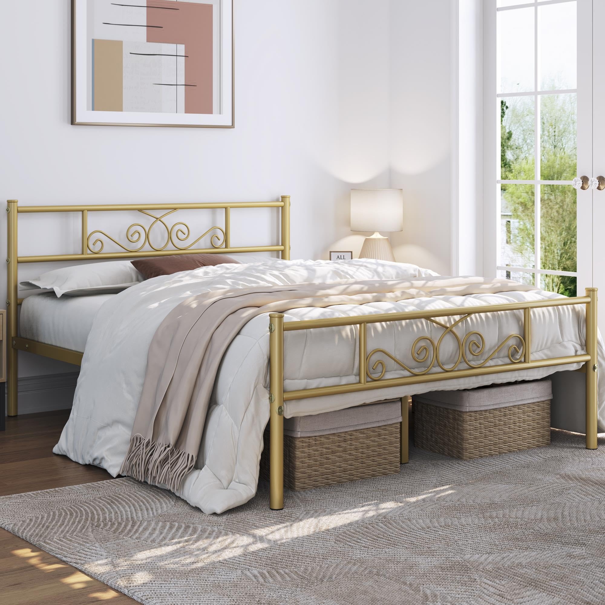 Yaheetech Queen Bed Frames Metal Bed Frame with Headboard and Footboard Heavy Duty Mattress Foundation/No Box Spring Needed/Underbed Storage Space/Graceful Scroll/Ground Clearance: 12.6’’/Antique Gold
