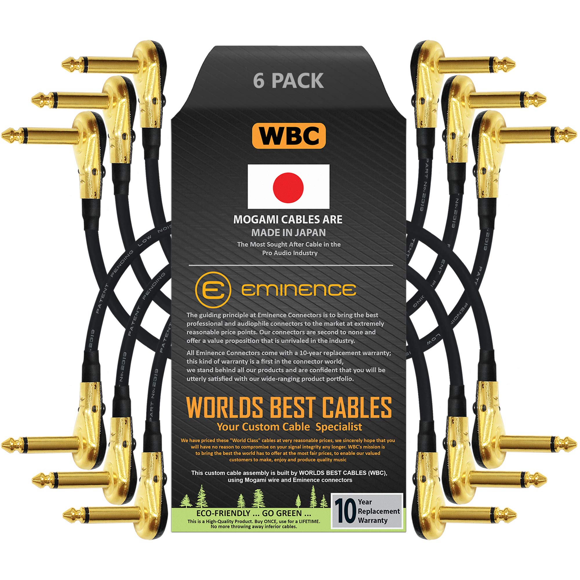 WORLDS BEST CABLES 6 Units - 4 Inch - Pedal, Effects, Patch, instrument cable CUSTOM MADE made using Mogami 2319 wire and Eminence Gold Plated ¼ inch (6.35mm) R/A Pancake type Connectors
