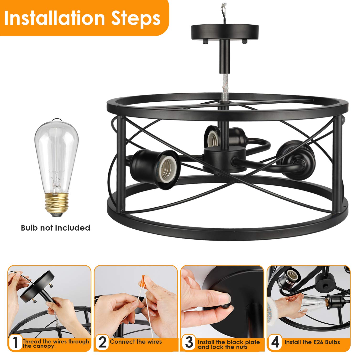 SunRider Industrial 3-Light Semi Flush Mount Ceiling Light, Modern Farmhouse Lighting Fixture with Metal Cage, Black Retro Pendant Lamp for Hallway
