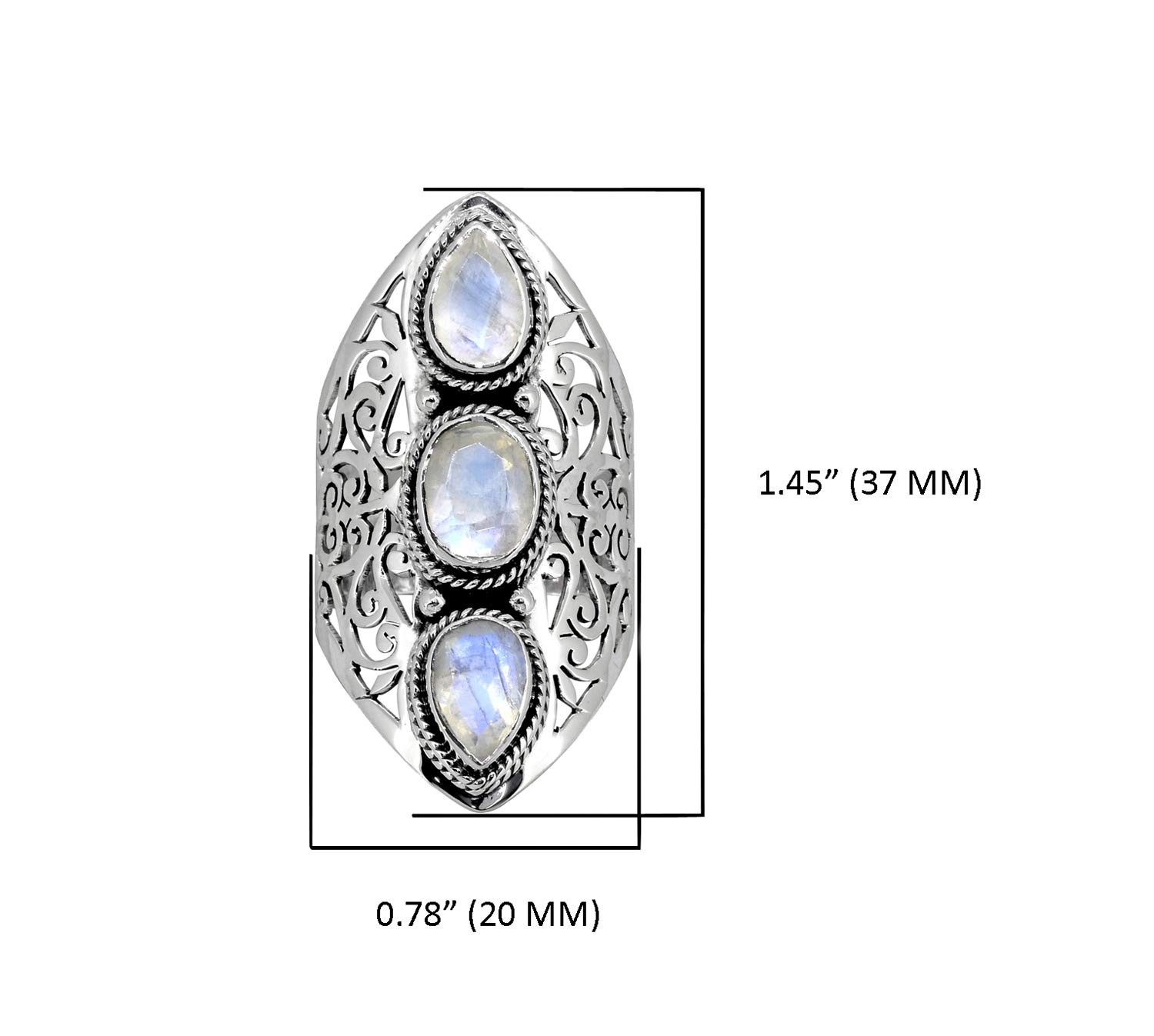 YoTreasure Moonstone Solid 925 Sterling Silver 3 Stone Ring Jewelry