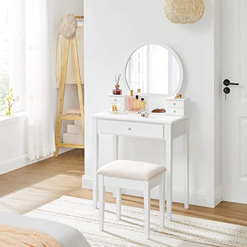 VASAGLE Vanity Set Makeup Dressing Table with Mirror, Padded Stool, 5 Drawers, 27.6 x 15.7 x 52.8 inches, White