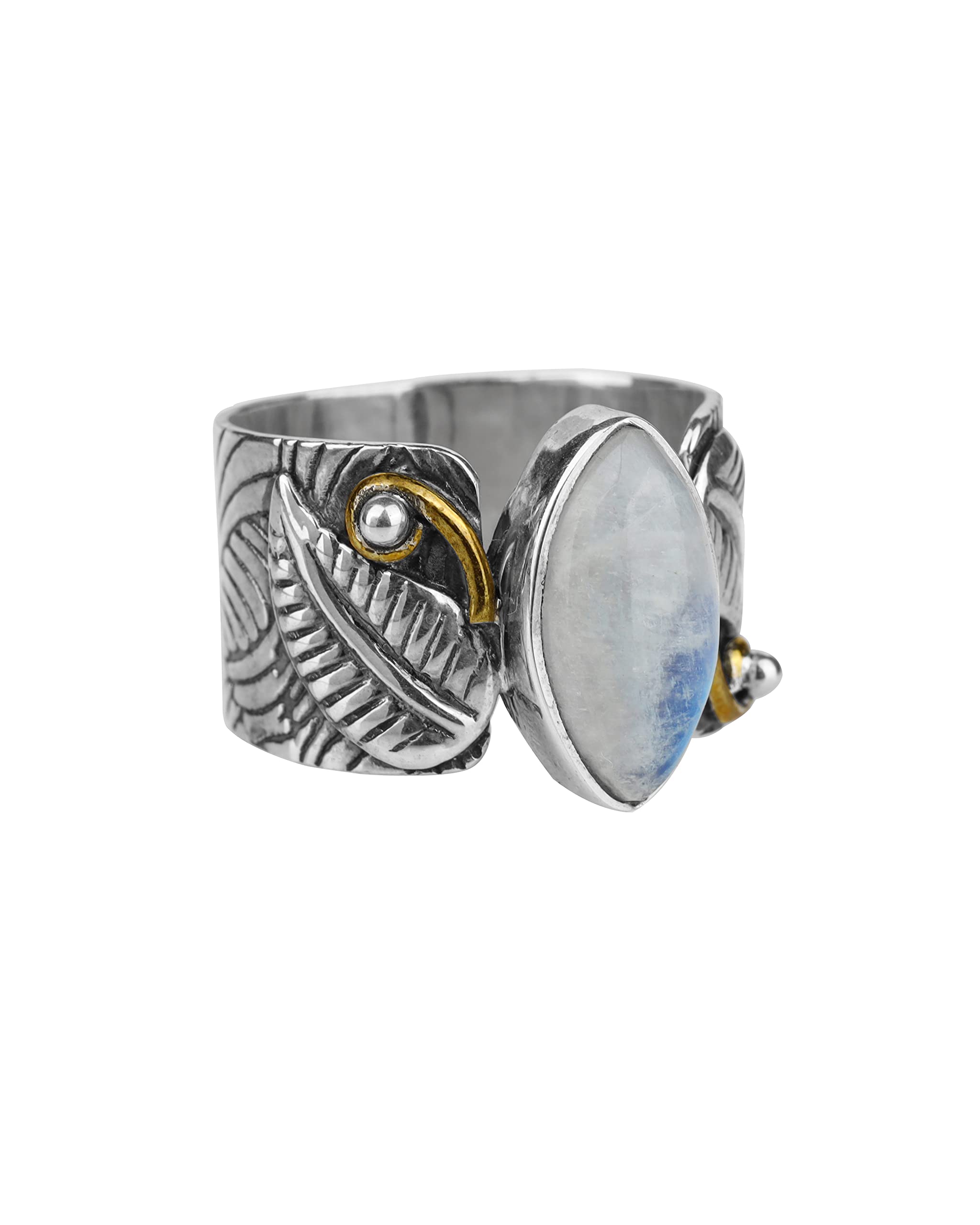 YoTreasure Rainbow Moonstone Solid 925 Sterling Silver Brass Wide Band Boho Ring