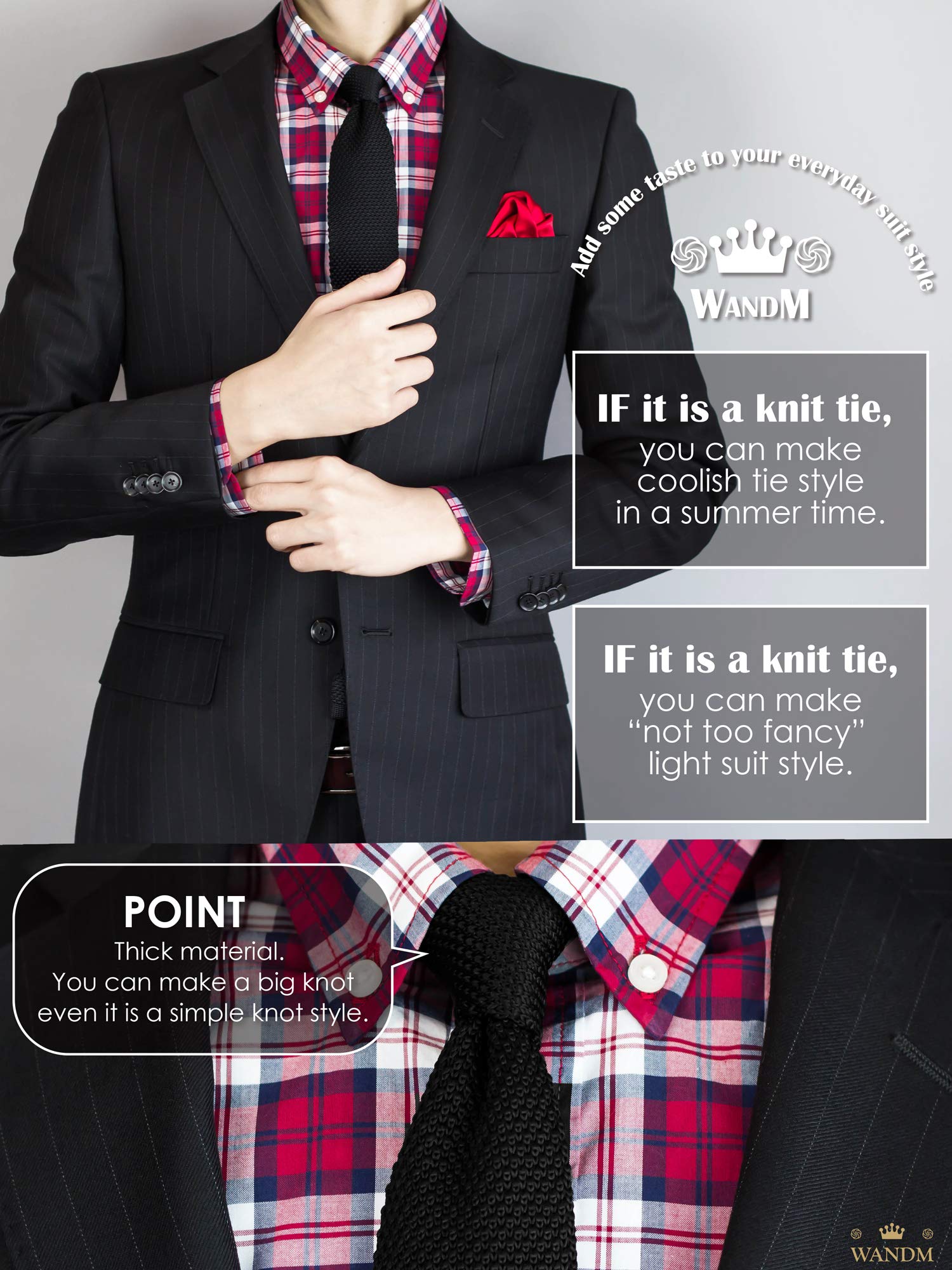 WANDM Men's Knit Tie Slim Skinny Square Necktie Width 2.2 inches Washable Solid Color Black