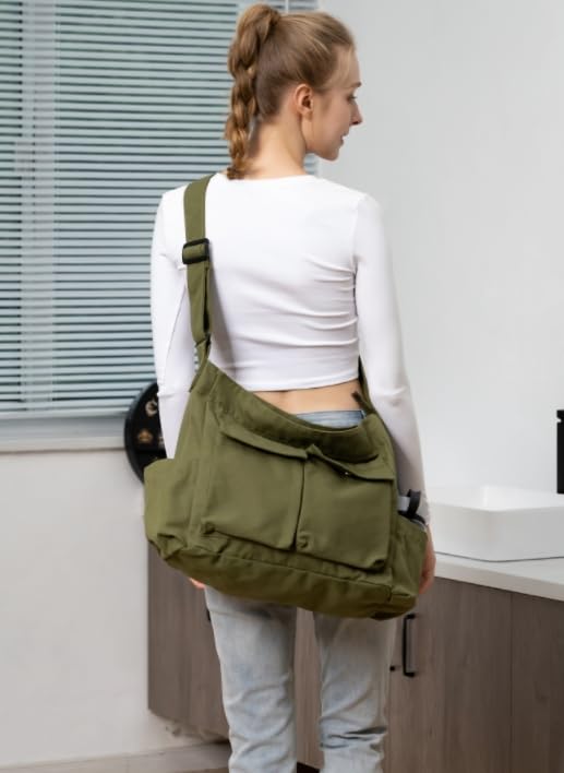 Women Canvas Hobo Messenger Handbags Large Crossbody Aesthetic Commuter Tote Bag with Multiple Pockets Adjustable Strap