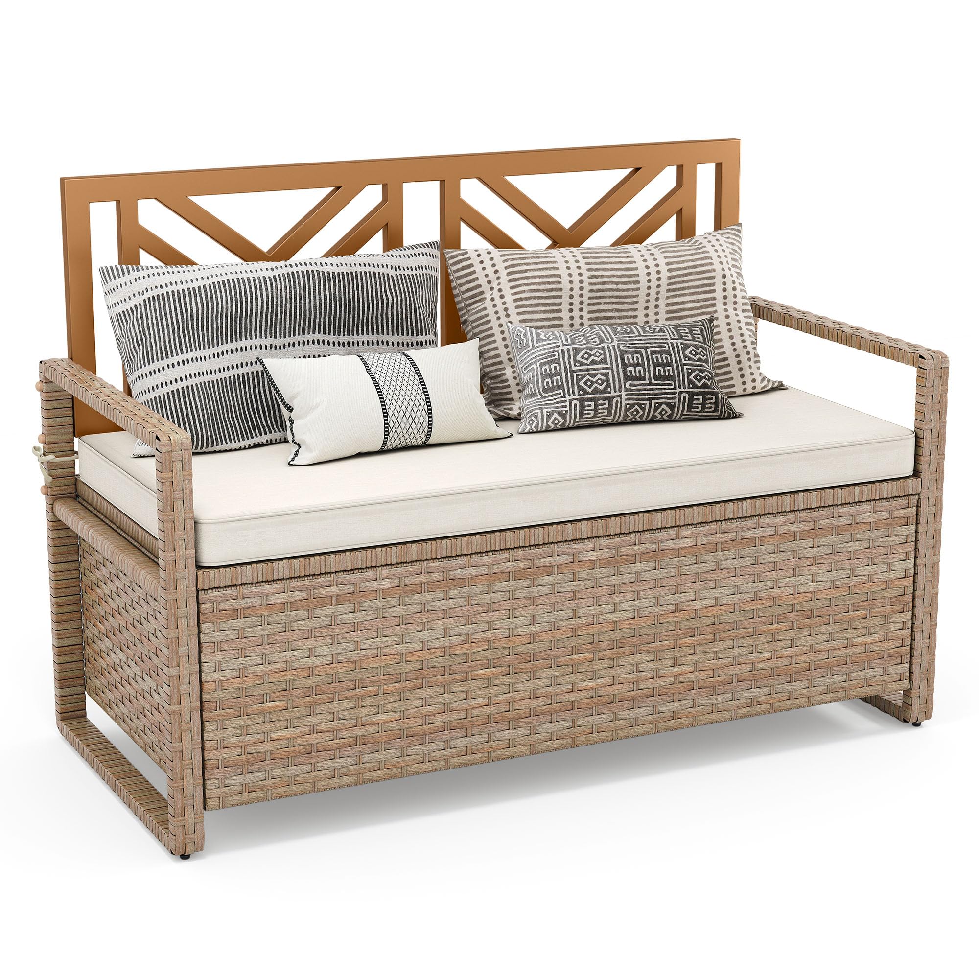 YITAHOME 70 Gallon Outdoor Storage Bench, All-Weather PE Rattan Deck Box Bench, Storage Seating Box for Outdoor Cushions, Pool Storage and Garden Tools - Teak