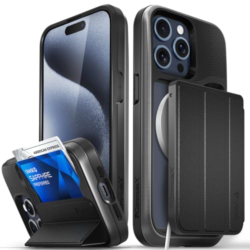 VENA vCommuteX Wallet Case for Apple iPhone 15 Pro Max (6.7"), (Magsafe Compatible, Military Drop Protection) Detachable Leather Cover Card Slot Holder with Kickstand - Space Gray/Black