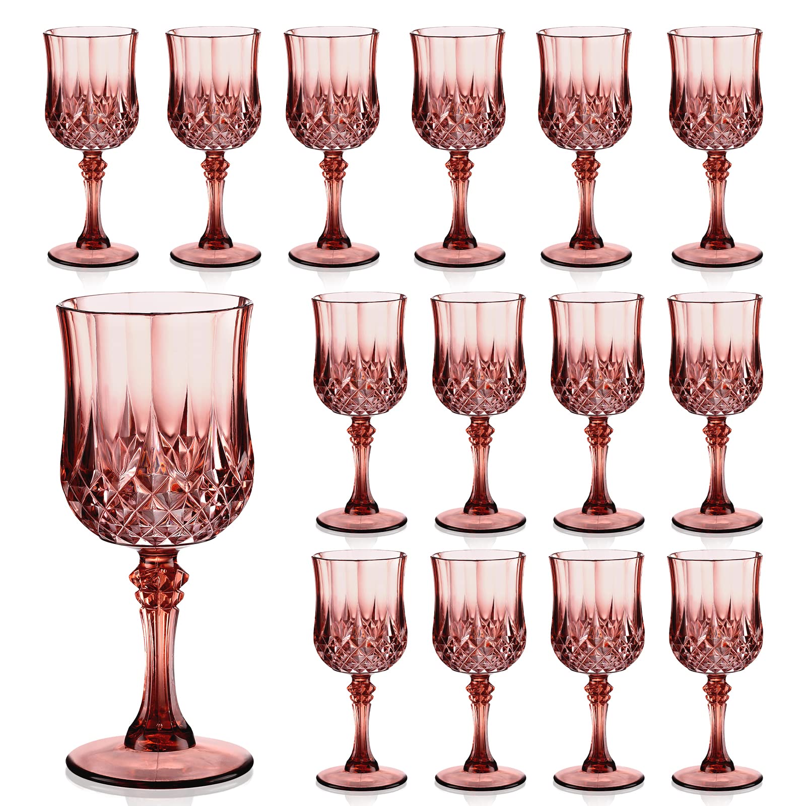 XUWAIDSGN 7oz Plastic Vintage Rose Gold Drinking Glasses Pink Wine Glasses Unbreakable Wedding Glassware Crystal Water Goblets Reusable Drinkware Vintage Champagne Flutes (16, Rose Gold)