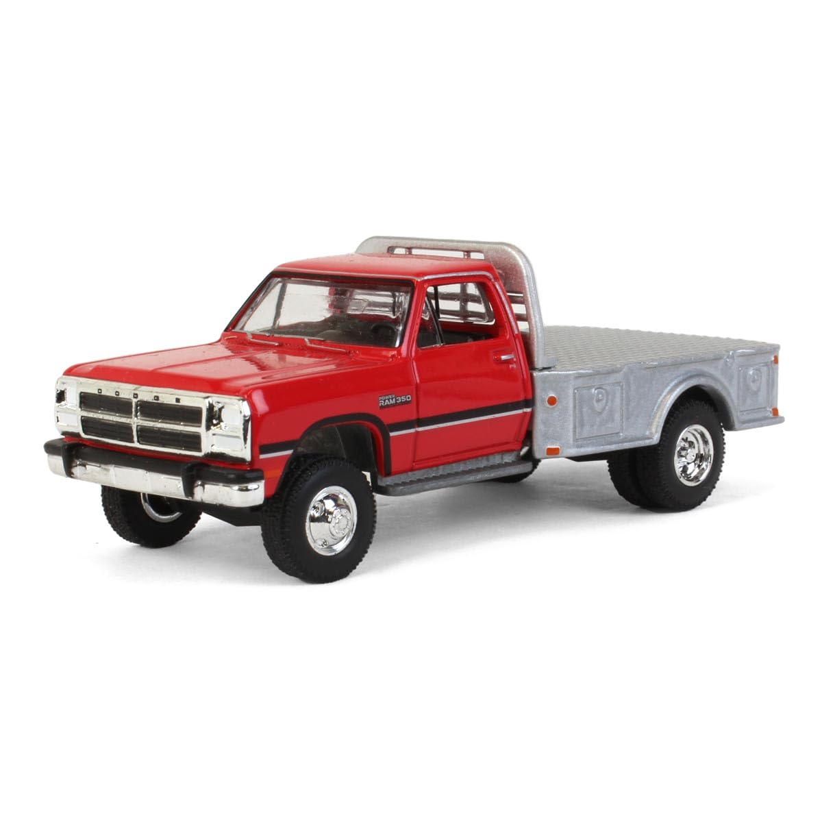 Truck 1/64 1992 Dodge Ram 1st Generation Red with Silver Flatbed & Silver Gooseneck Trailer 51387-B