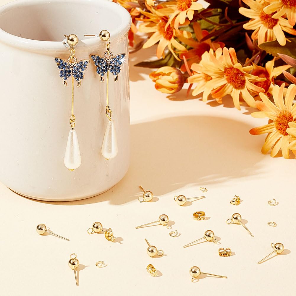 UNICRAFTALE 30pcs Gold Ball Post Stud Earrings Stainless Steel Stud Earring Post with Loop Ear Nut Metal Earring Post Findings with Ear Nuts for DIY Dangle Jewelry Making Findings
