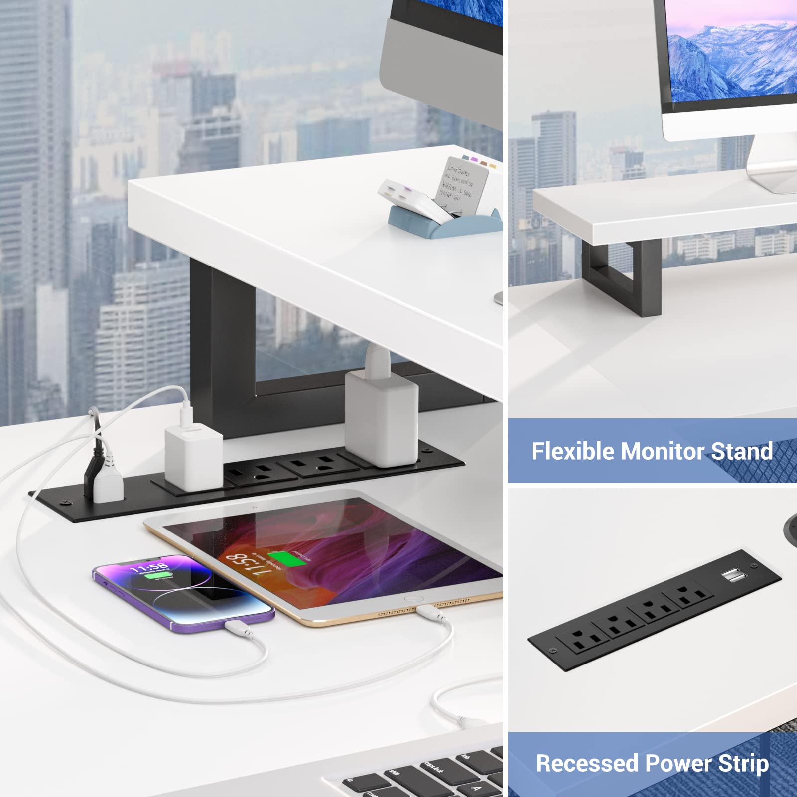 Unikito U Shaped Computer Desk with LED Strip and Power Outlets, Reversible Large Office Desk with Monitor Stand and Storage Shelves, 2 Person L Shaped Gaming Table, 83 Inch U Shape Corner Desk, White