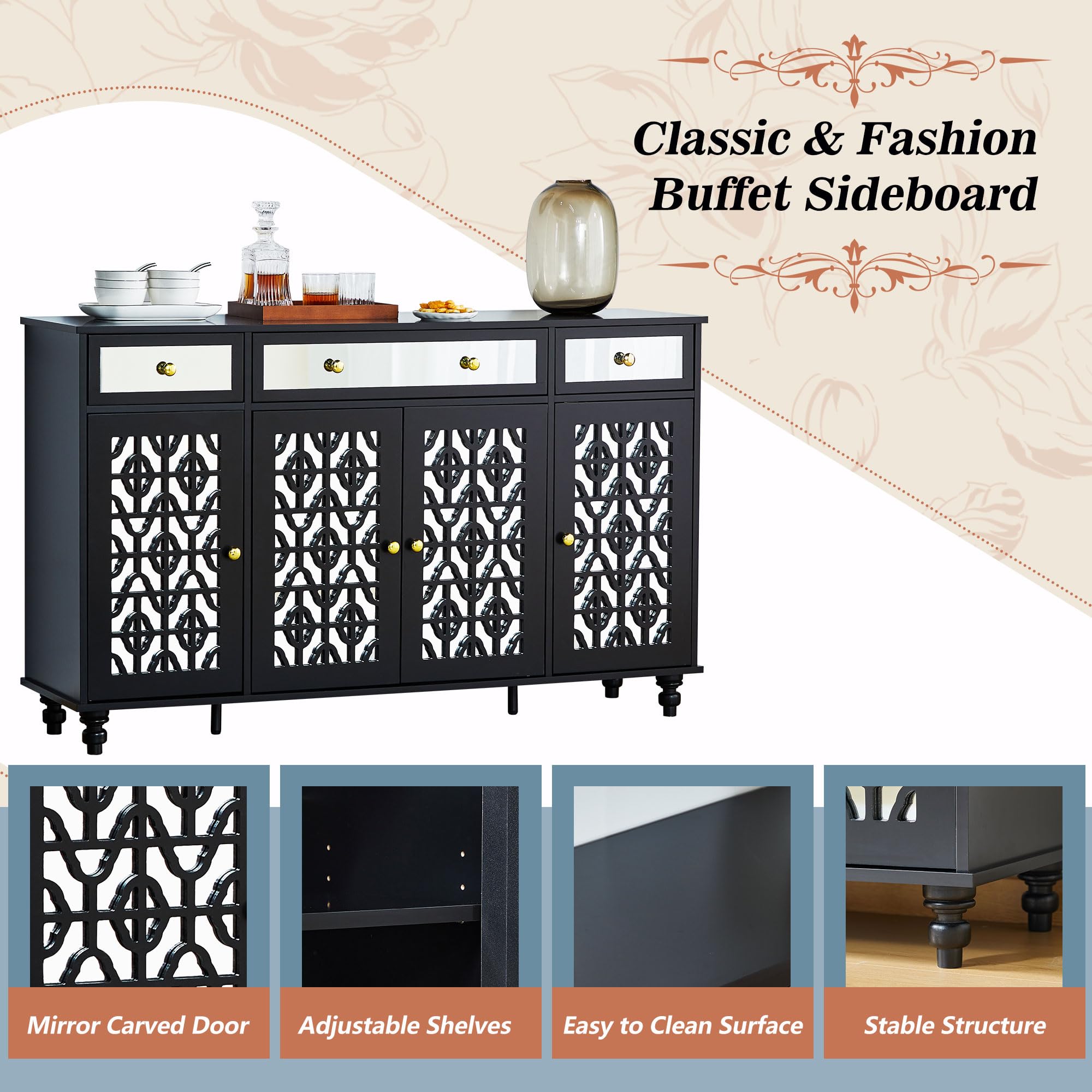 weselon Accent Buffet Sideboard with 4 Mirror Doors, Luxury 3 Drawer Storage Cabinet with Adjustable Shelves, Accent Buffet Cabinet for Living Room