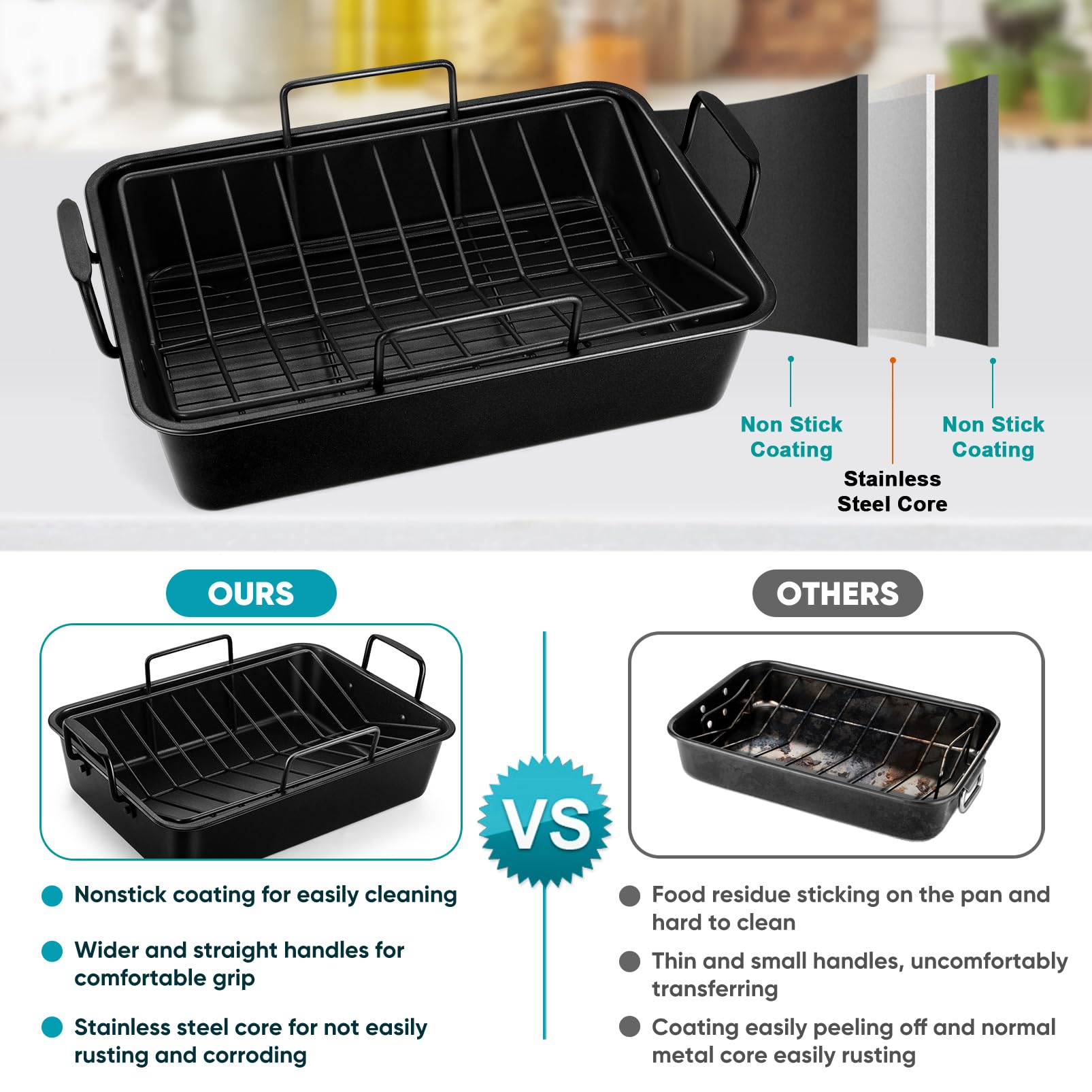 TeamFar Roasting Pan, 15ββ Nonstick Deep Lasagna Brownie Turkey Pan with V-Shaped Rack & Cooling Rack, with Stainless Steel Core & Nonstick Coating, Healthy & Sturdy Handles, Easy to Clean, Set of 3