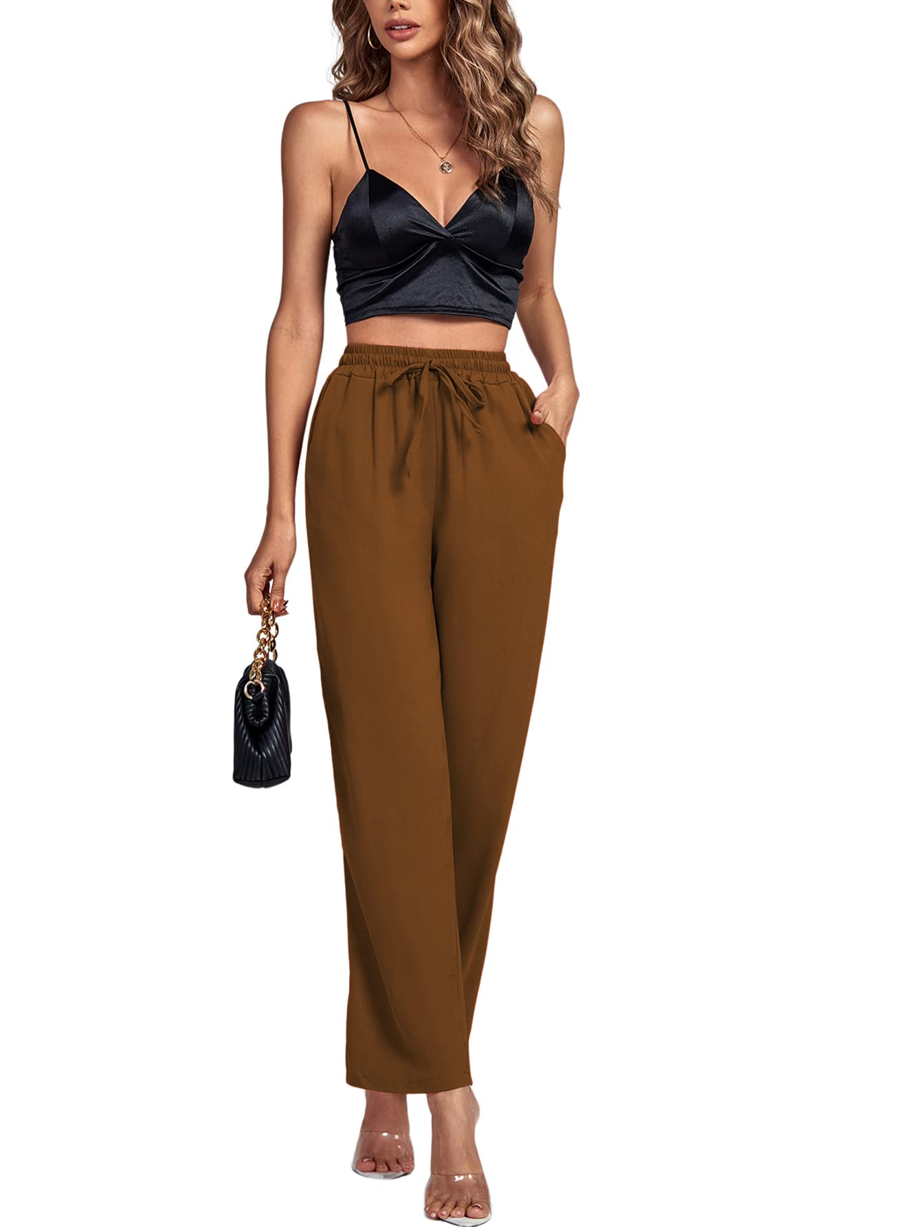 Umenlele Women's Casual Drawstring Elastic High Waist Pants Sport Yoga Jogger Trousers with Pockets Brown Large