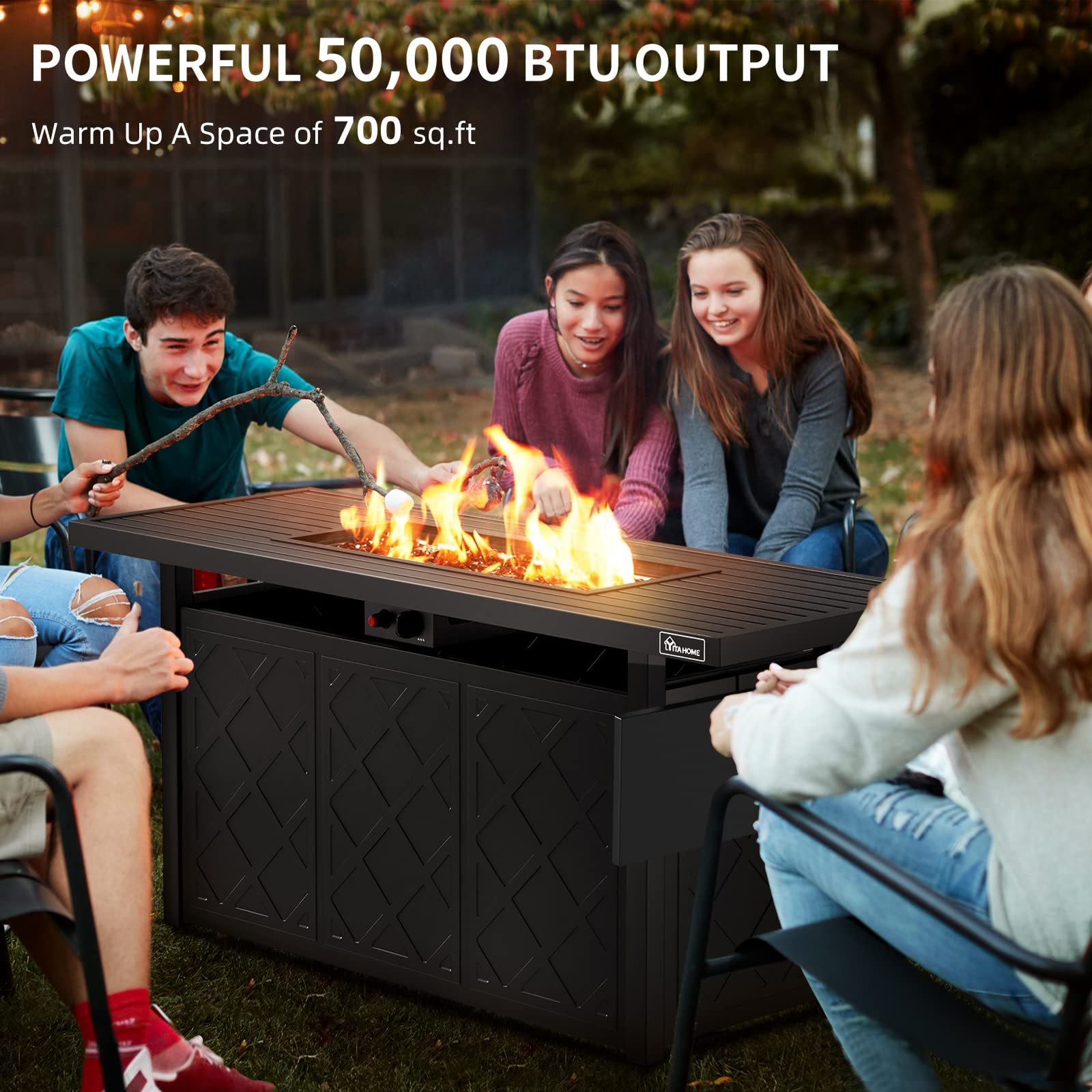 YITAHOME 57 Inch Propane Fire Pit Table, 50,000 BTU Gas Fire Pit with Ignition Systems, Iron Tabletop, Lava Rock, Cover, Lid Hanger, Rectangular Outdoor Firetable for Patio Garden Backyard (Black)