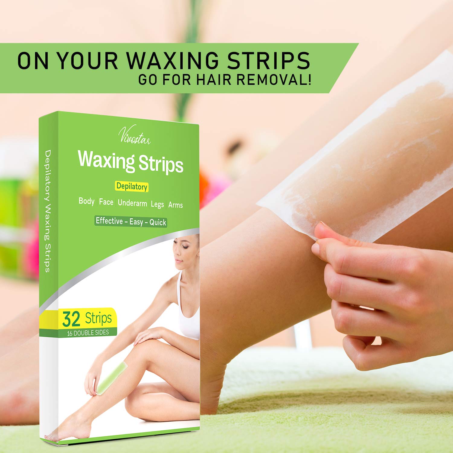 Wax Strips, Hair Removal Wax Kit for Arm, Leg, Brazilian, Bikini Women, 32 Count (Large Size Wax Strips)