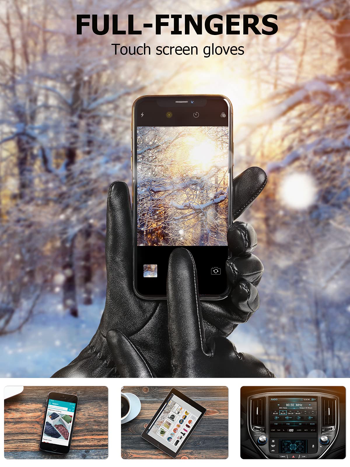 Vislivin Full-Hand Womens Touch screen Gloves Genuine Leather Gloves Warm Winter Texting Driving Glove Black M